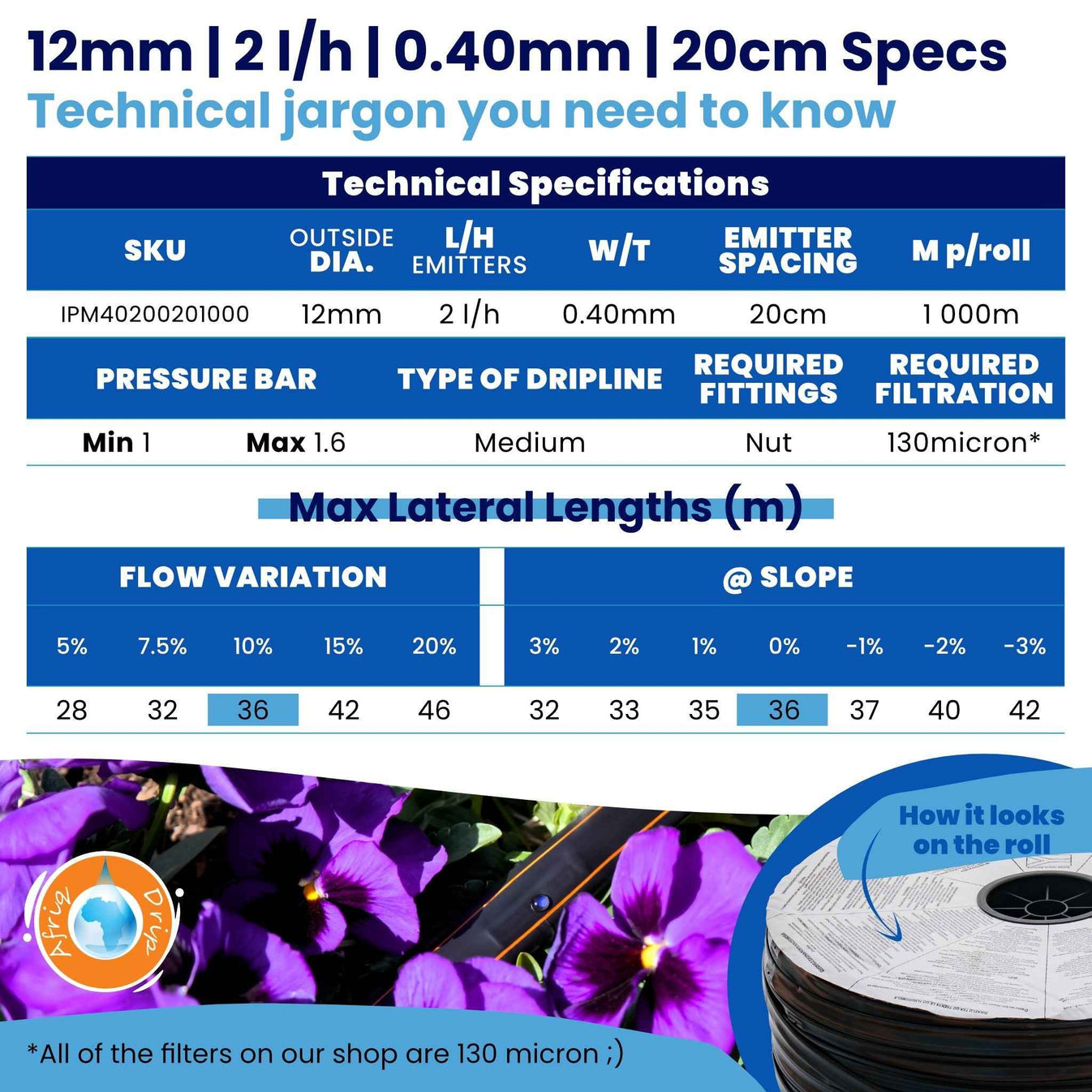 Afriq Drip 12mm OD Non-PC Dripline Irrigation Rolls 2 l/h – Irrigation ...